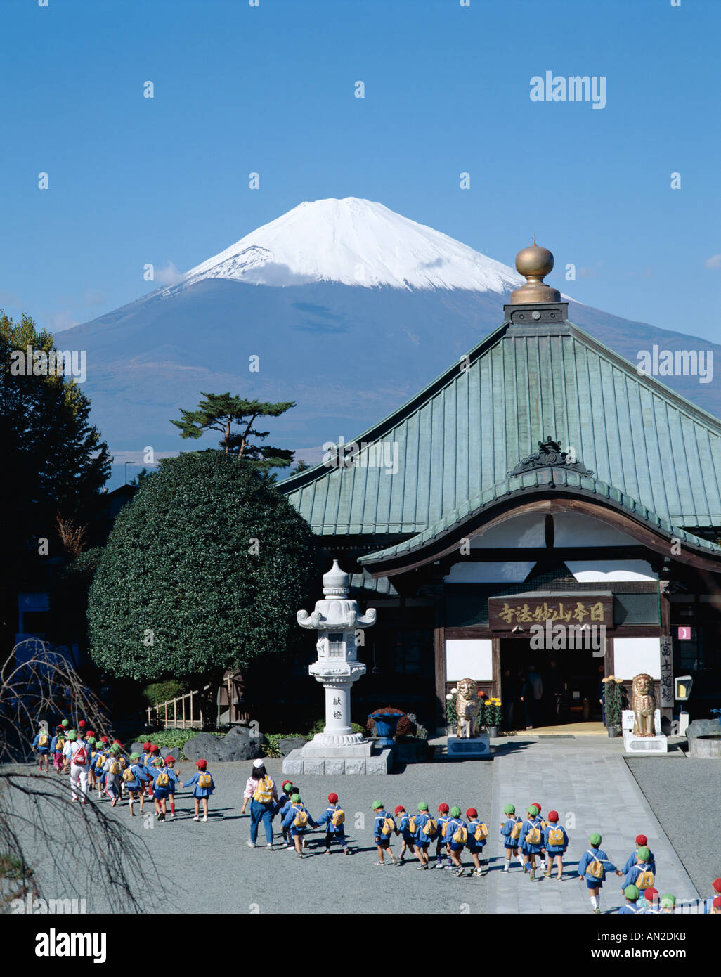 Mount Fuji / Temple & School Children, Honshu, Japan Stock Photo - Alamy