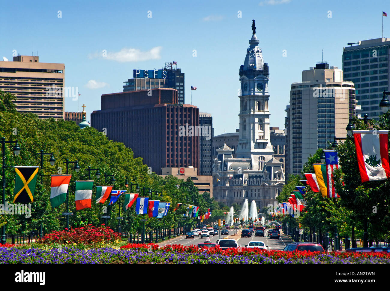 City Hall and Ben Franklin Parkway with international flags ...