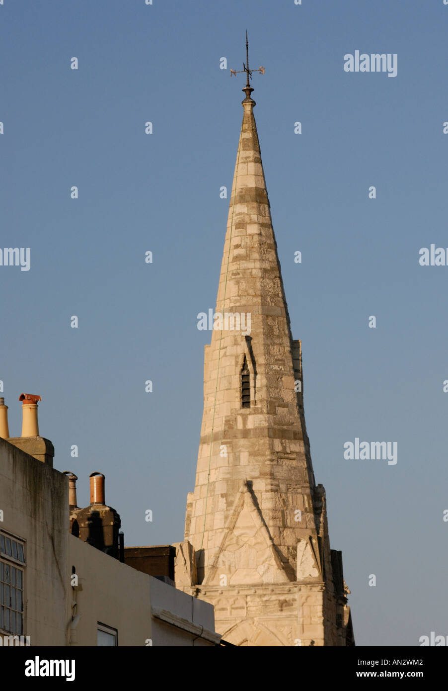 Stone built spire The elegant spire of this disused church being ...