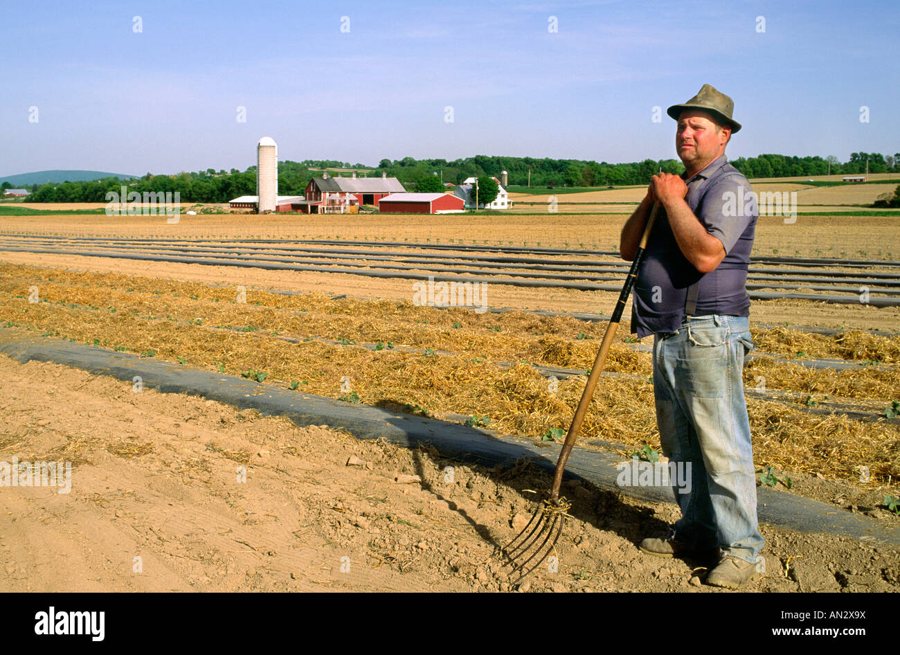 A farmer takes a break in his field while working the land in spring ...