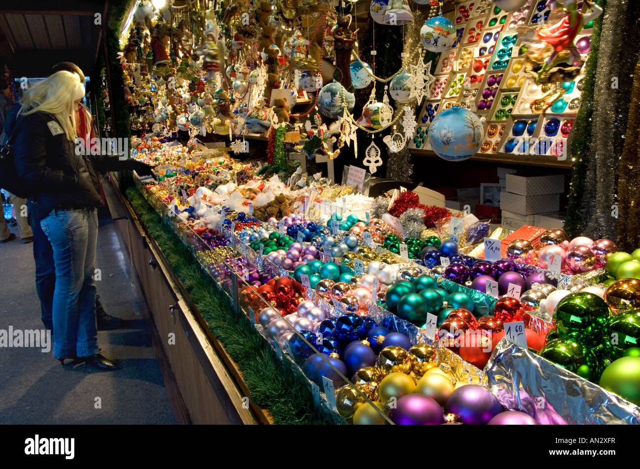 A Christmas decoration and bauble stall at the Christmas market at the ...
