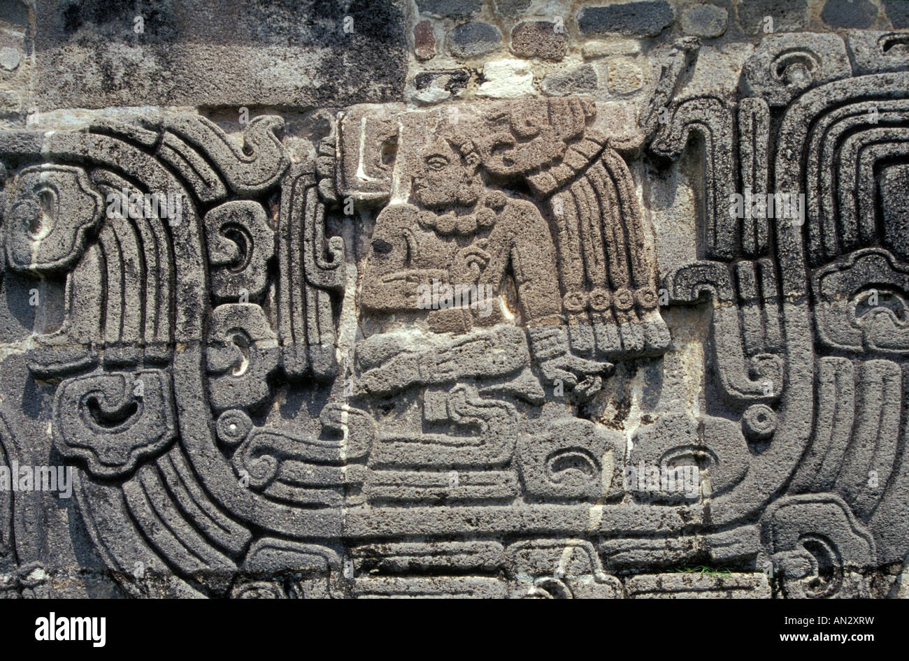 Bas relief on the side of Pyramid of the Feathered Serpent at the ruins ...