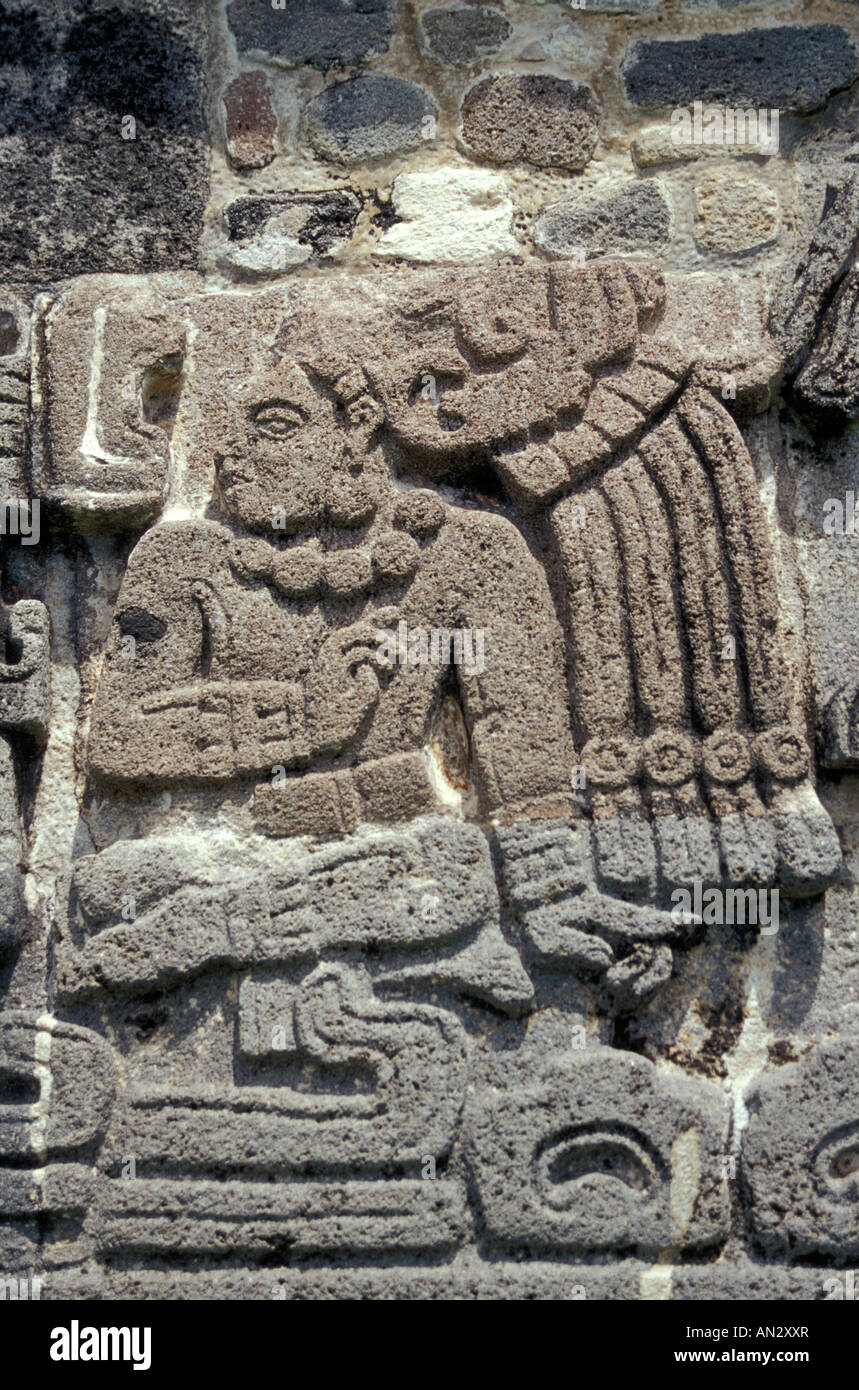 Bas relief on the side of Pyramid of the Feathered Serpent at the ruins ...