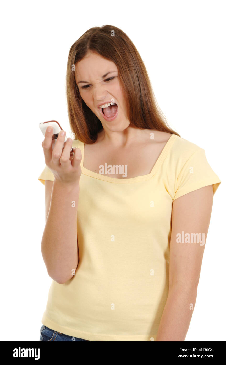 a teenage girl shouting at her mobile phone Stock Photo - Alamy
