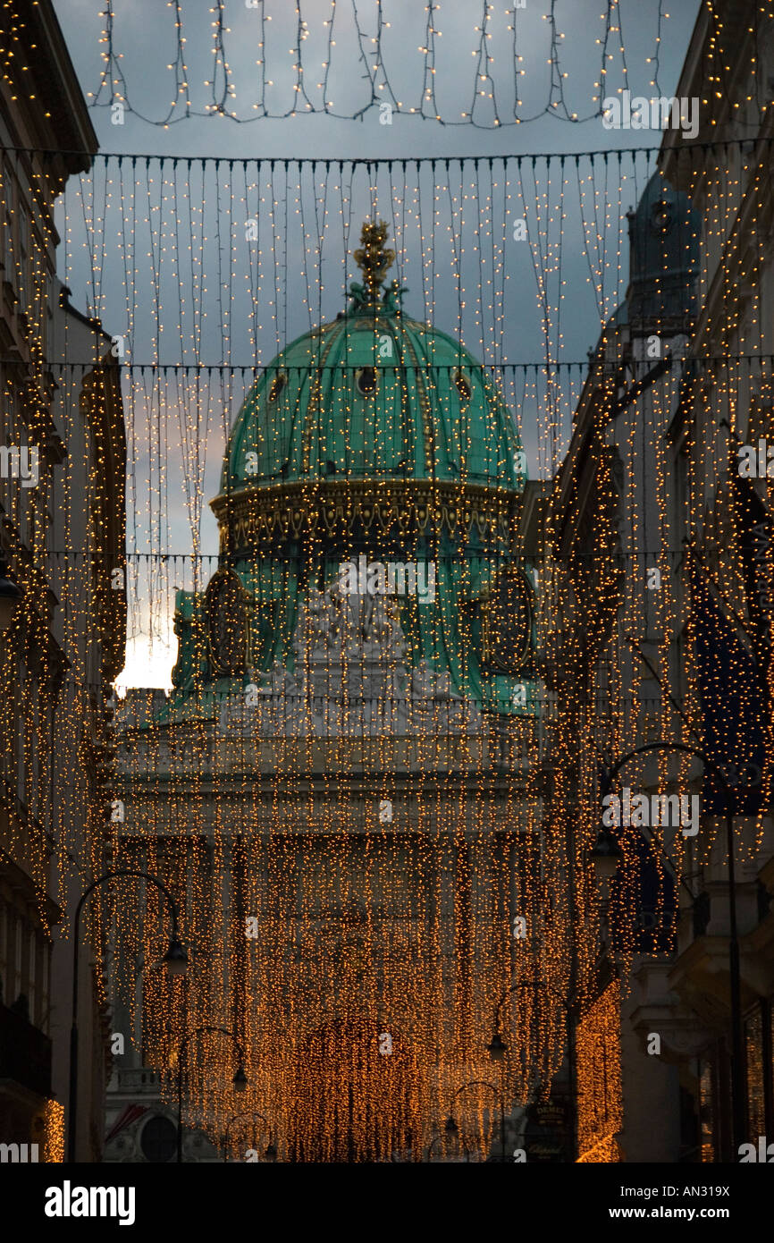 Christmas lights in Kohlmarkt, with dome of Hofburg Imperial Palace ...