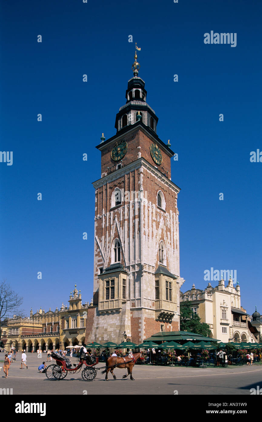 Main Market Square / Clock Tower, Cracow (Krakow), Poland Stock Photo ...