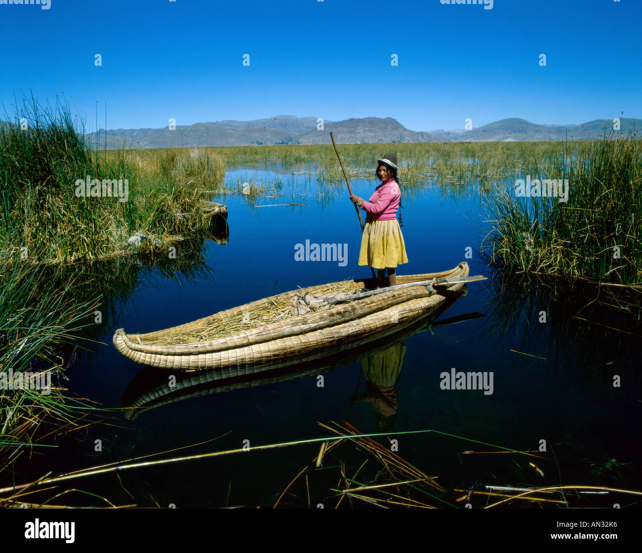 Lake Titicaca / Uros Indian Woman in Traditional Reed Boat, Taquile ...