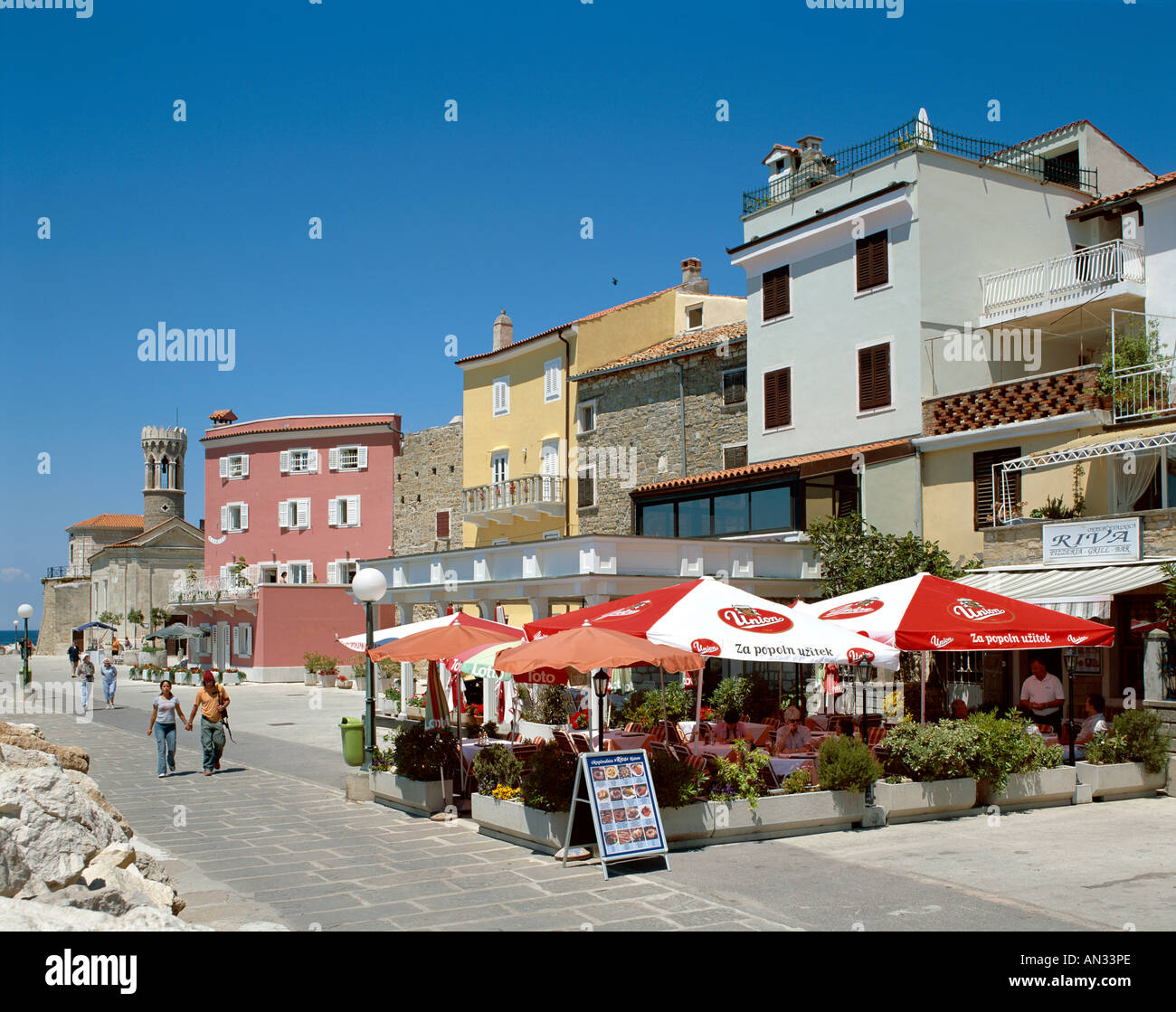Waterfront Cafes, Piran, Primorska Region, Slovenia Stock Photo - Alamy