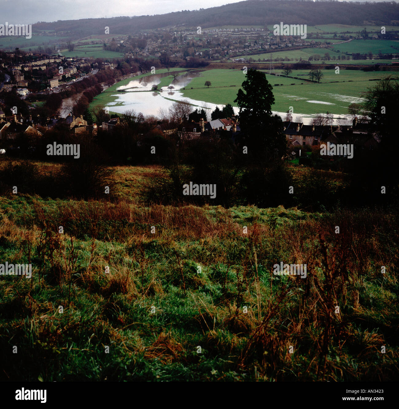River Avon in flood showing former meander curves Batheaston Somerset ...