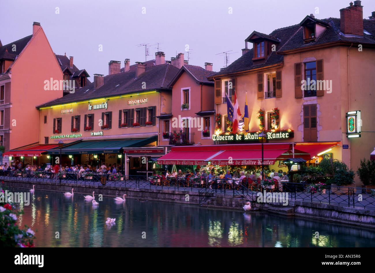 Outdoor Cafes & Thiou Canal / Night View, Annecy, Rhone Alps, France ...
