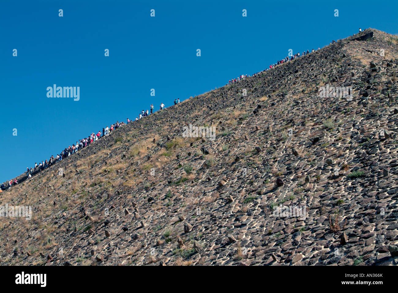 Long line of tourists climbing the Pyramid of the Sun at the ancient ...