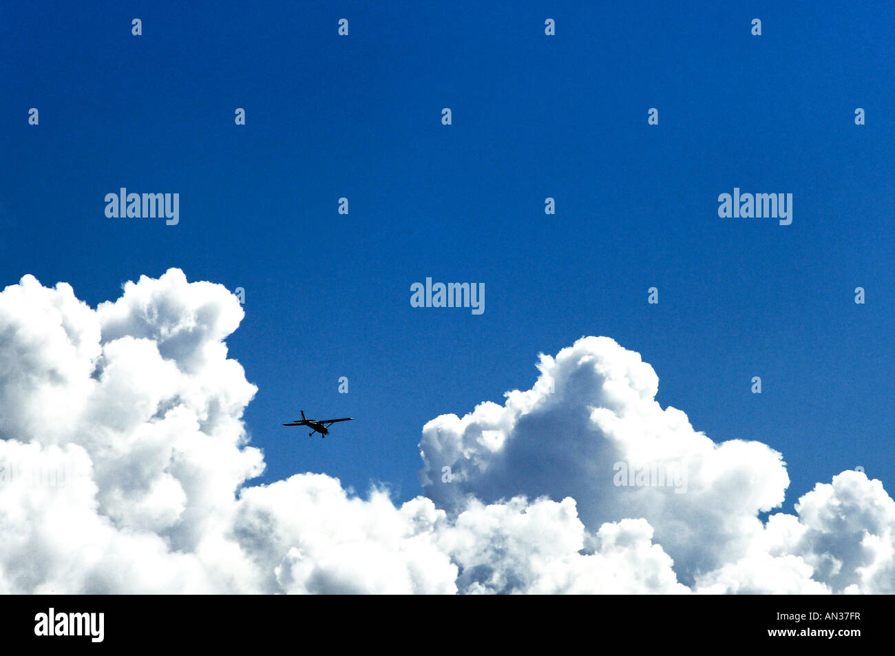Light aircraft flying among fluffy clouds in summer Stock Photo - Alamy