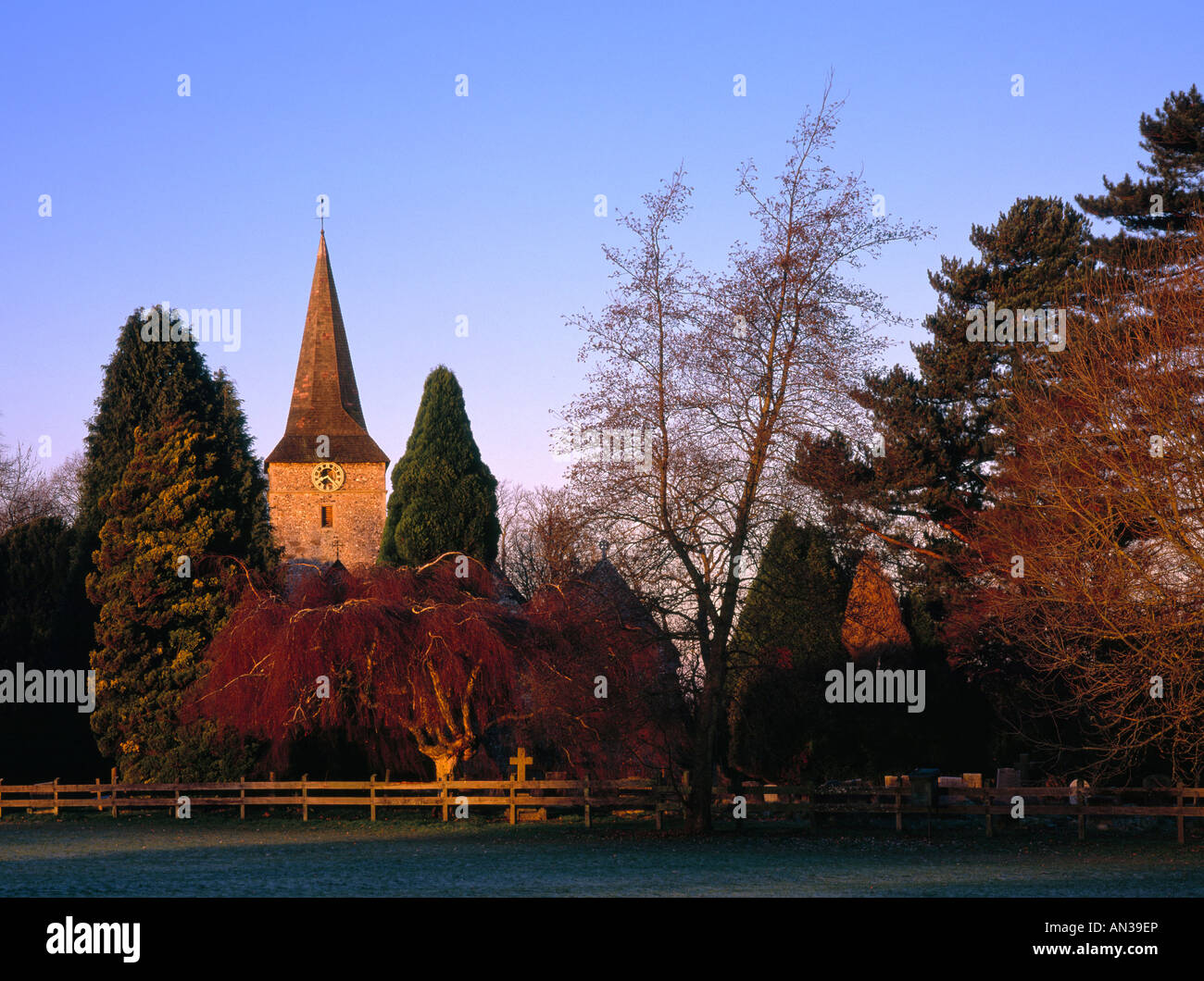The mornings first rays of warm light hitting the spire of Cudham ...