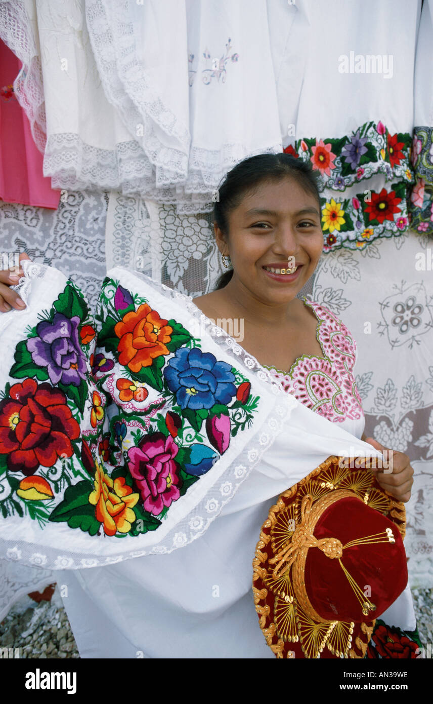 Child / Young Girl Dressed in Mayan Costume Selling Lace Souvenirs ...