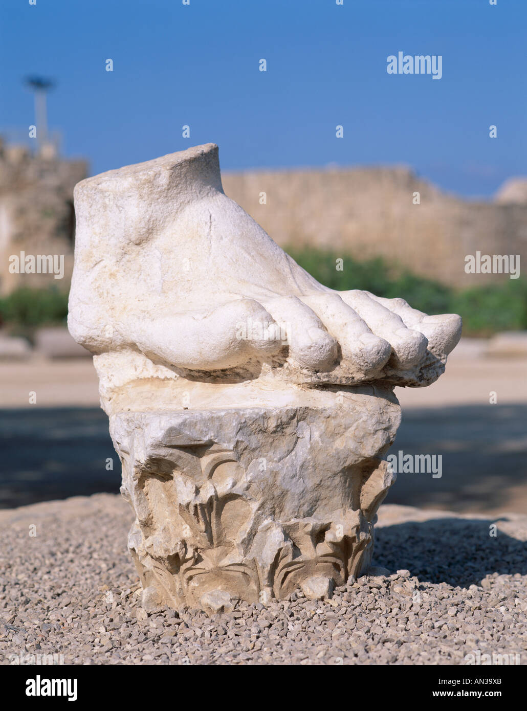 Crusader City Ruins / Statue of Foot, Caesarea, The Coast, Israel Stock ...