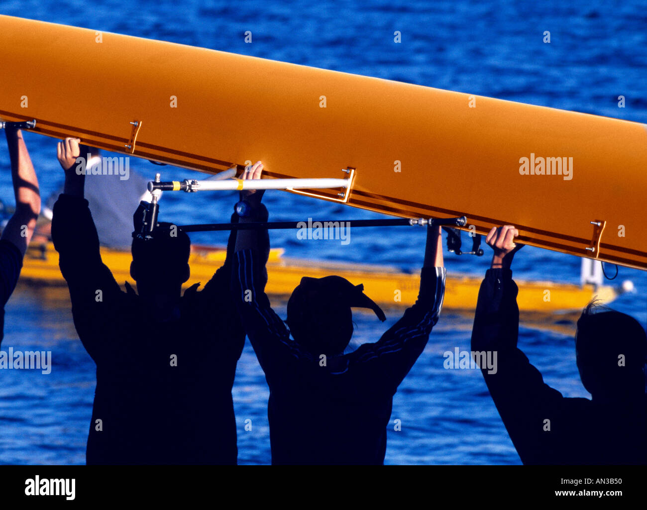 Silhouette of rowing crew carrying scull over head Stock Photo - Alamy