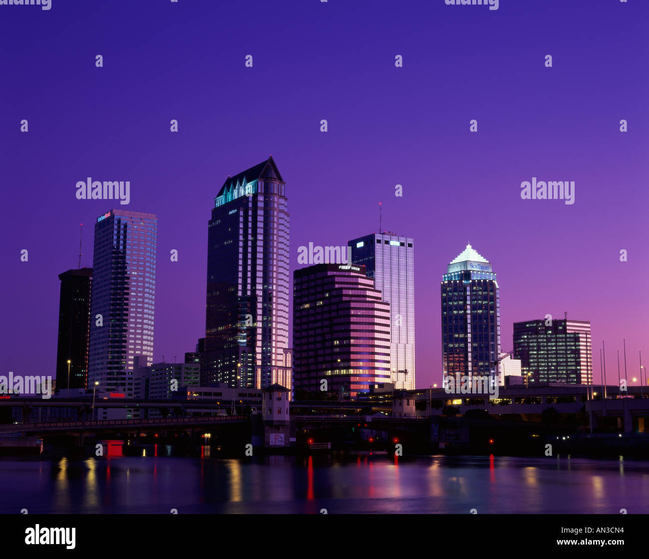 City Skyline & Tampa Bay / Night View, Tampa, Florida, USA Stock Photo ...