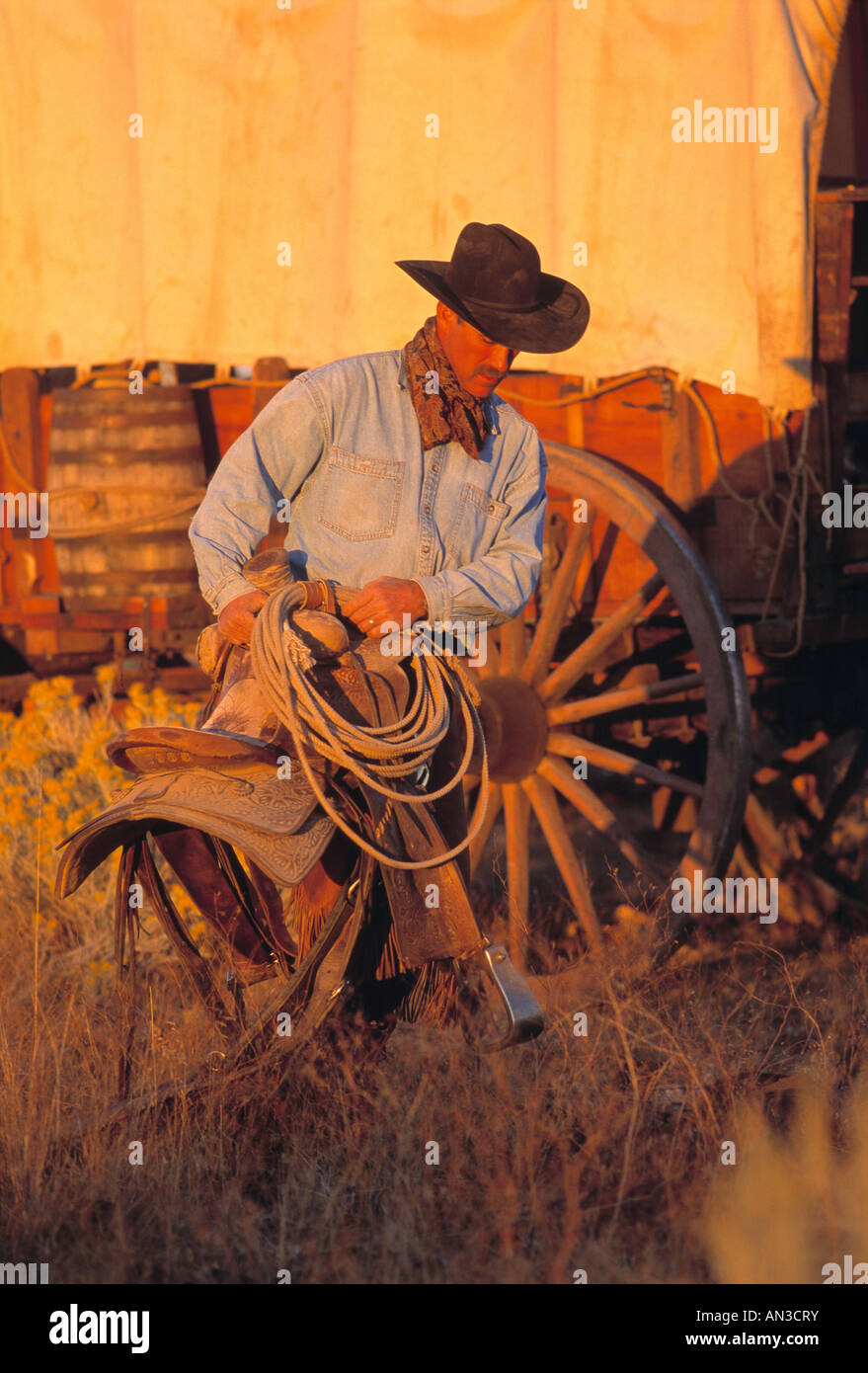 MR Cowboy carries his saddle past a wagon Stock Photo - Alamy