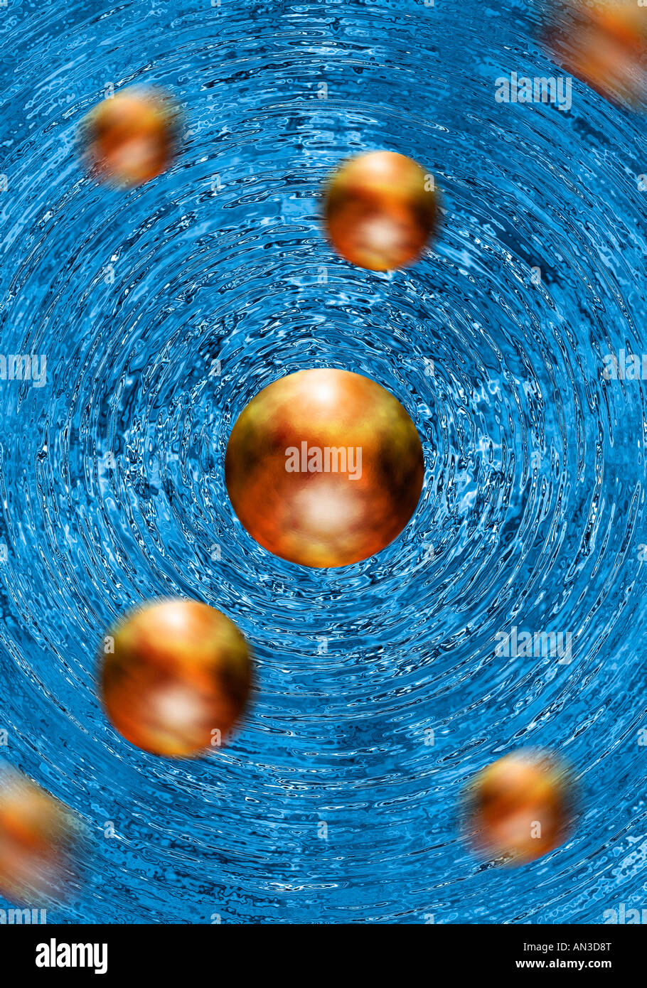 Digital illustration simulating balls moving in clircles over a wavy ...