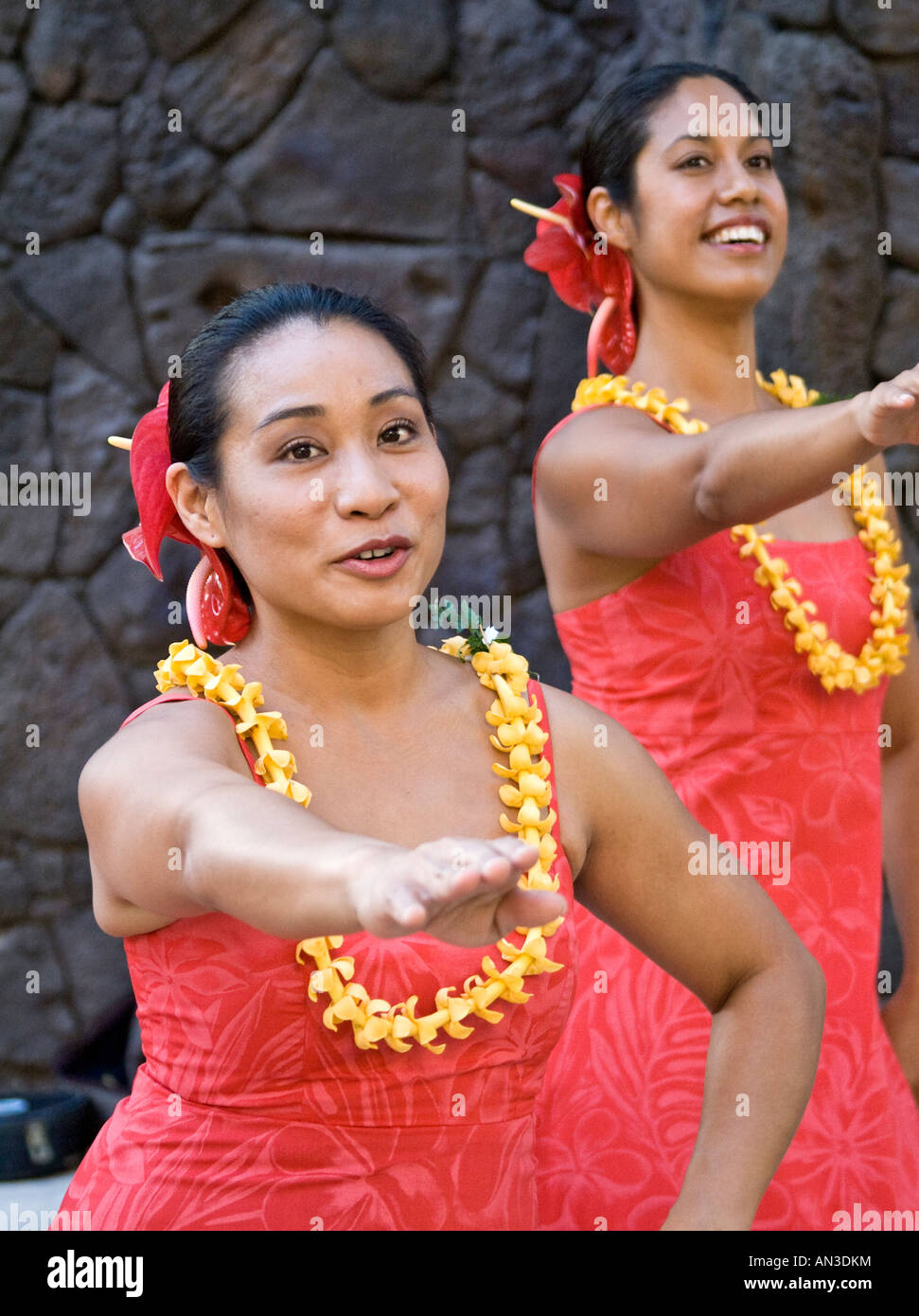 Young Hawaiian Women Perform Traditional Hula Dances In Waikiki Hawaii
