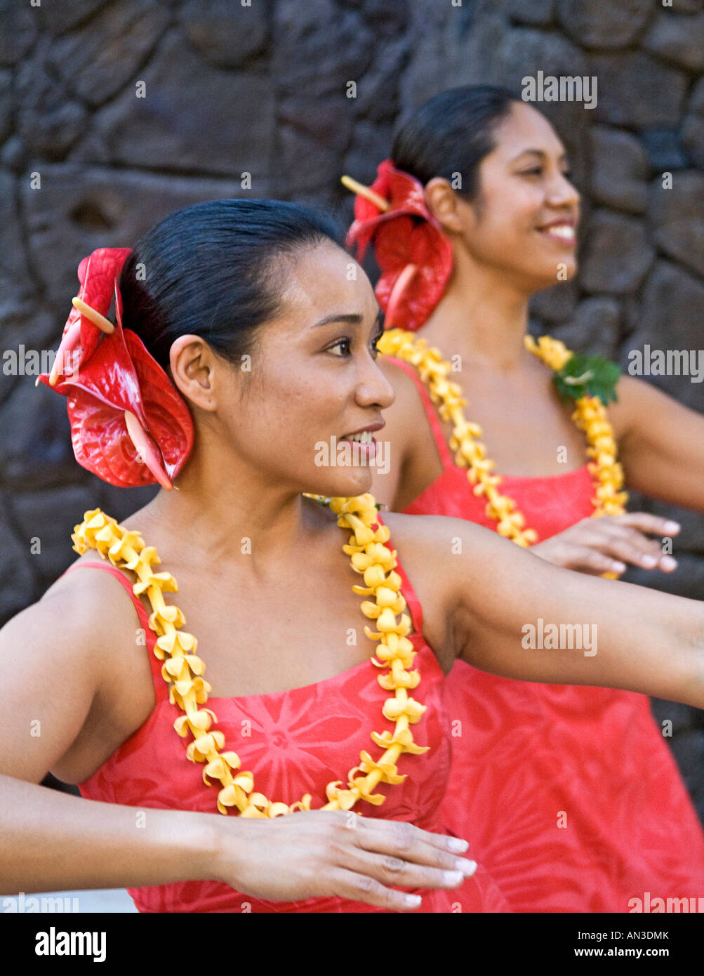 Young Hawaiian Women Perform Traditional Hula Dances In Waikiki Hawaii