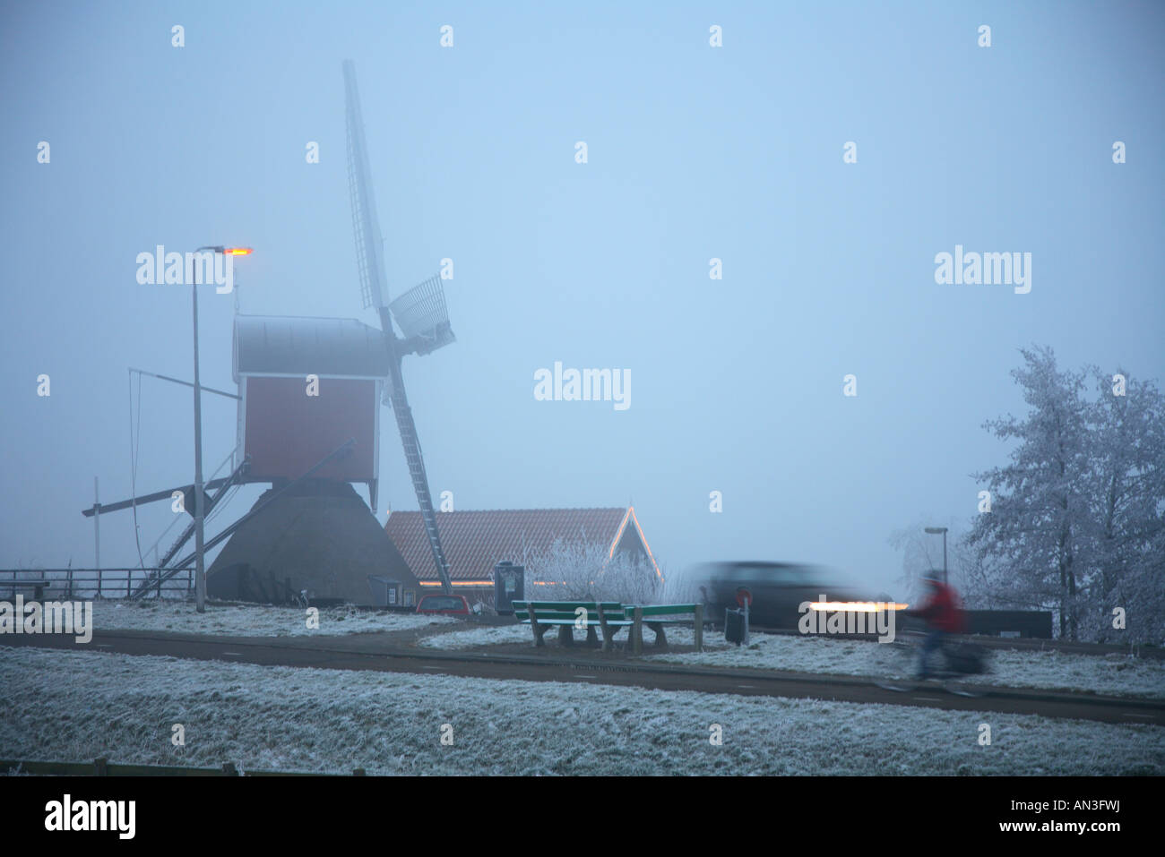 Dutch winter landscape with windmill near Leiden, South Holland, The ...