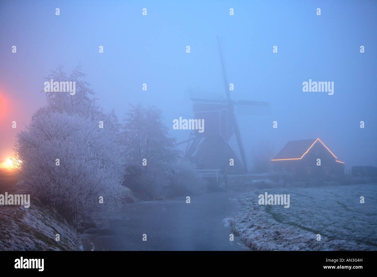 Dutch winter landscape with windmill near Leiden, South Holland, The ...