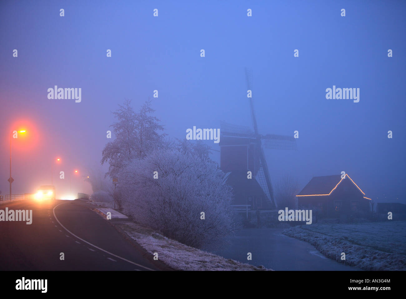 Dutch winter landscape with windmill near Leiden, South Holland, The ...