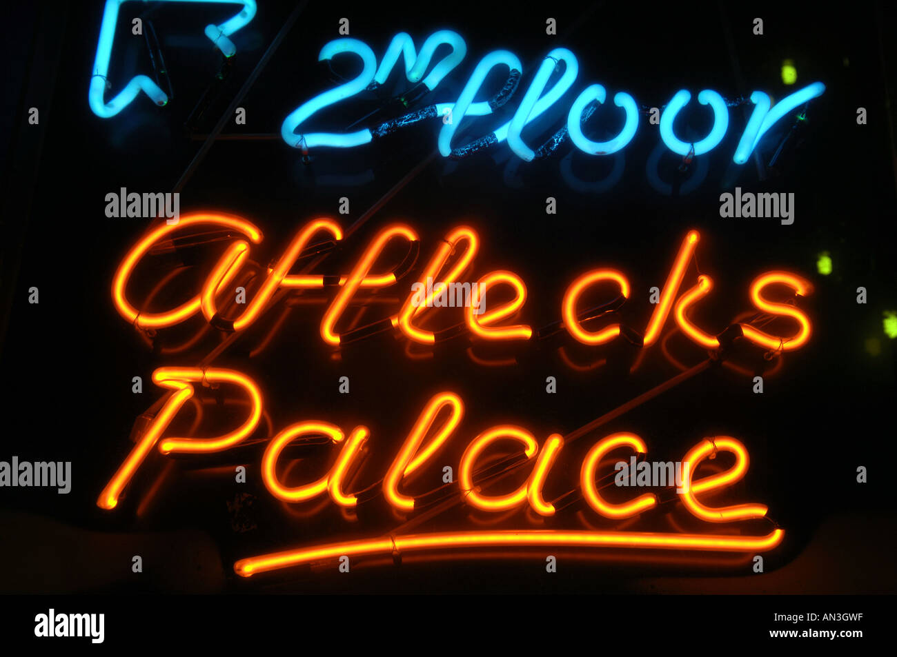 second floor afflecks palace neon sign blue red black Stock Photo - Alamy