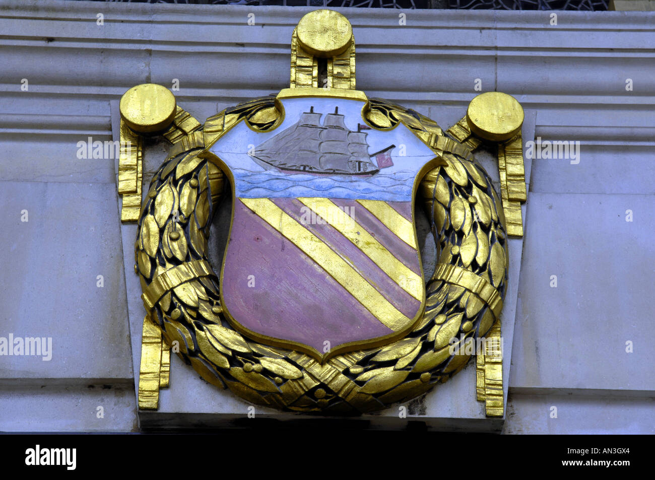 coat of arms concilio et labore crest badge design red blue gold ship ...