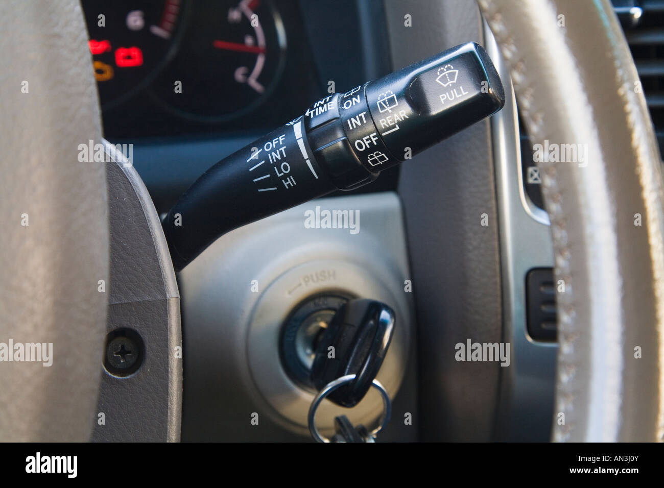 Control column for windscreen wipers and ignition key in modern car ...