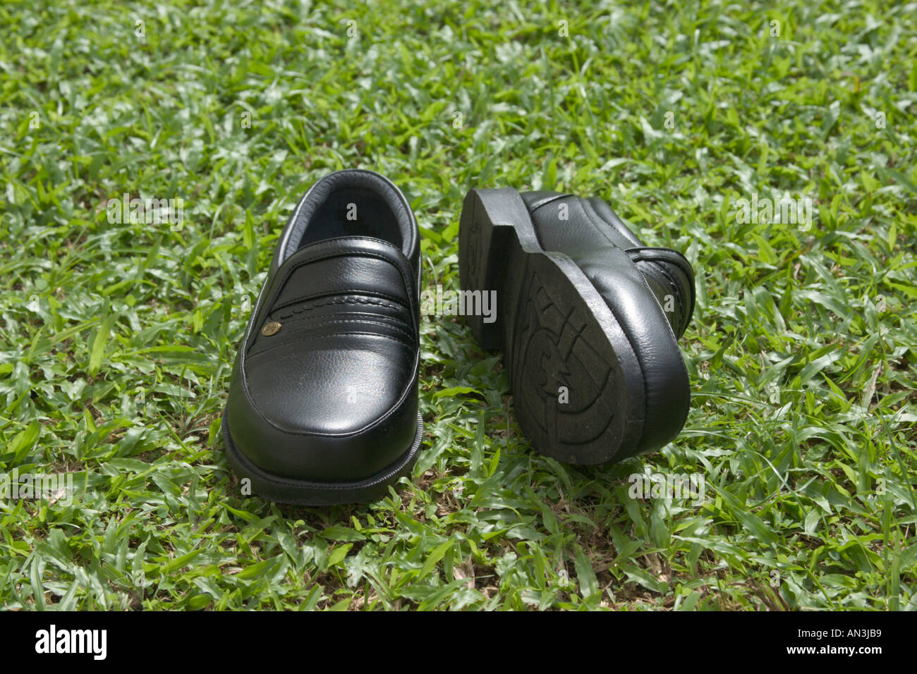 pair of black leather shoes lying on grass viewed from front Stock ...