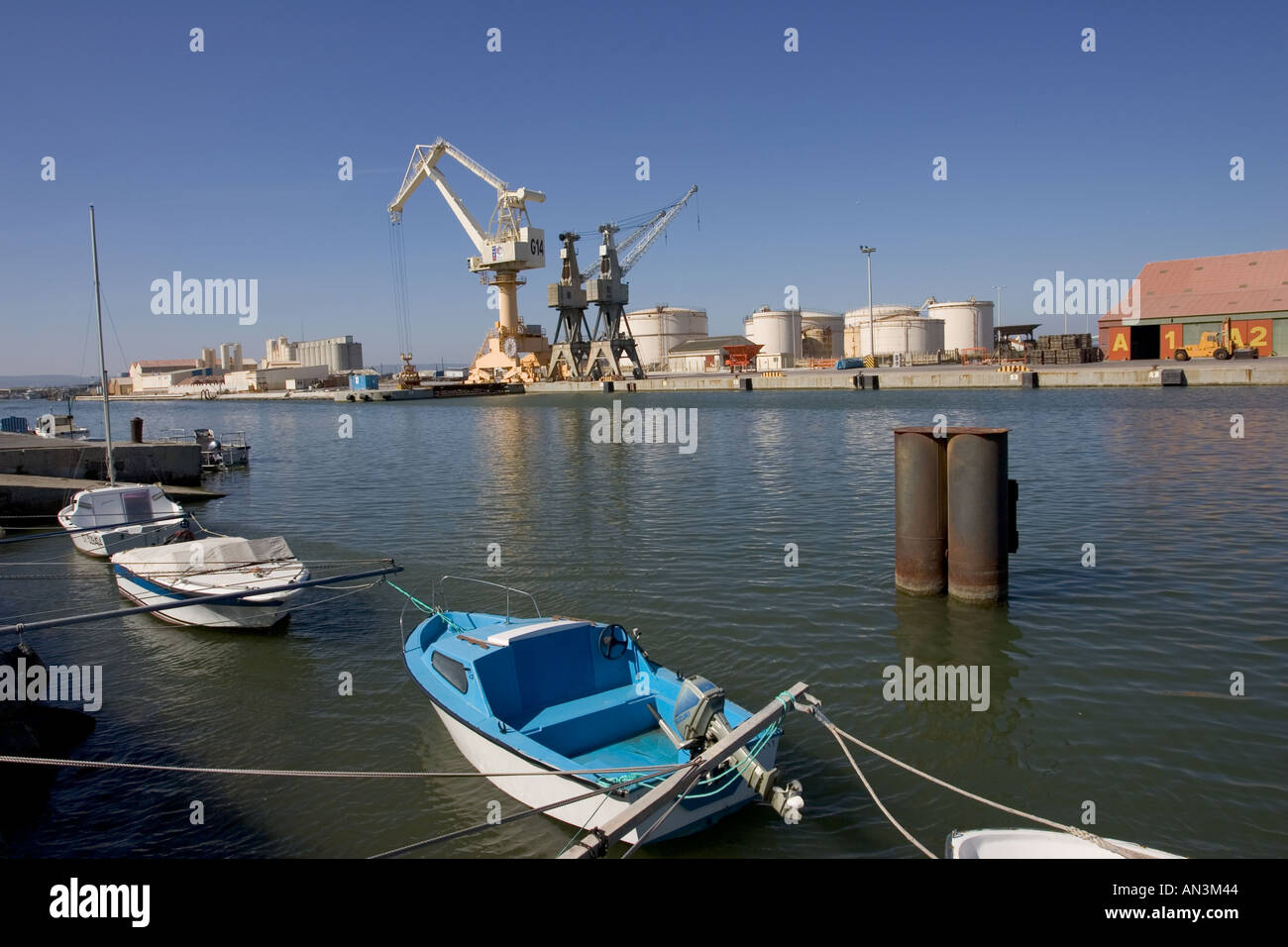Wharfside docks with grain silos on wharfside Port la Nouvelle Leucate ...