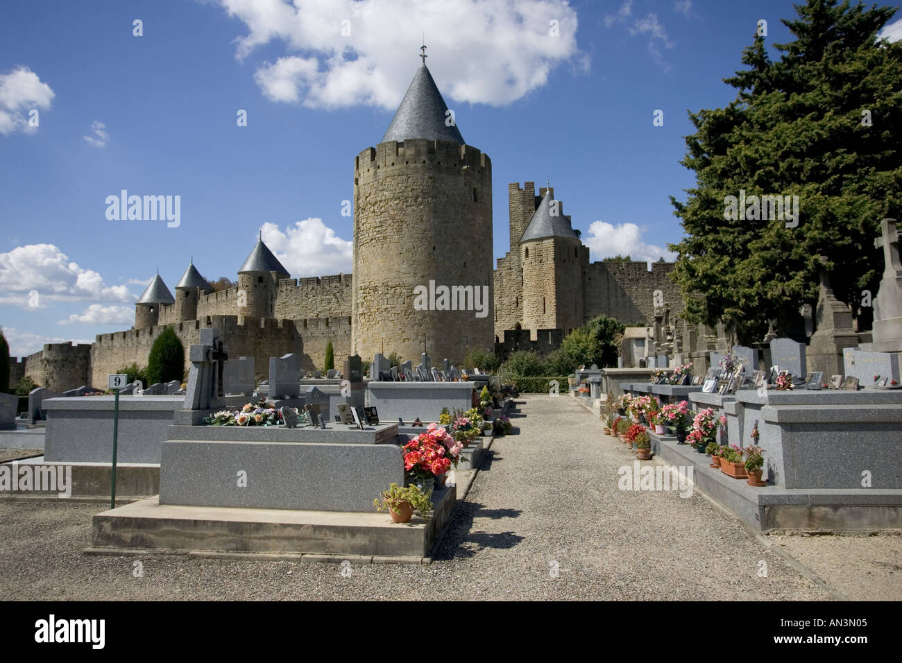 Turrets of ancient fortified city of Carcassonne seen from adjacent ...