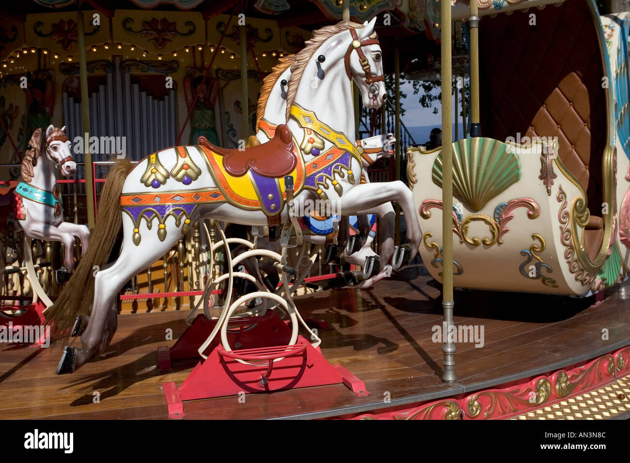 Decorative horses on old Victorian fairground roundabout Carcassonne ...