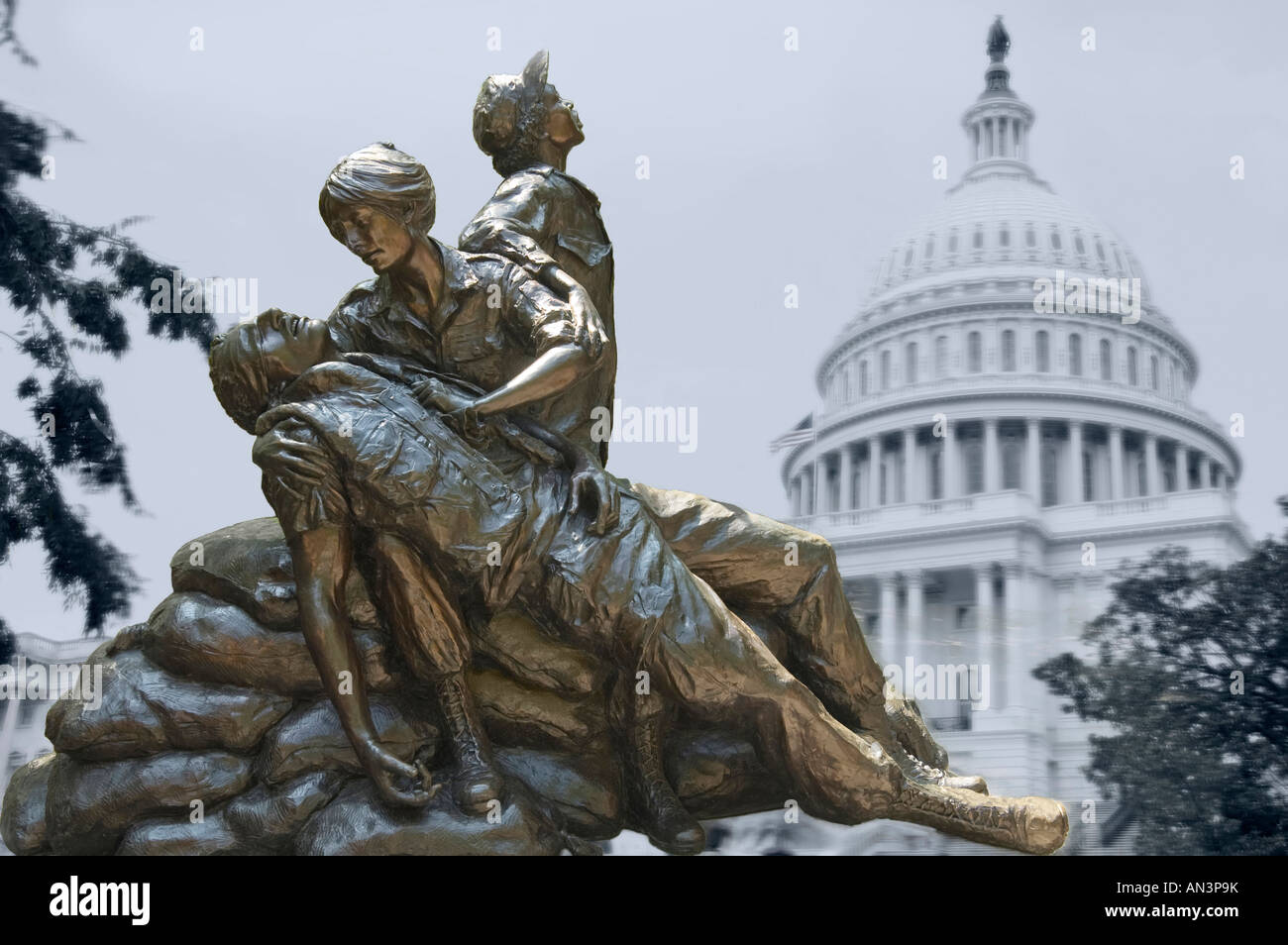 Memorial statues to Vietnam war Women Nurse Arlington USA with Capitol ...