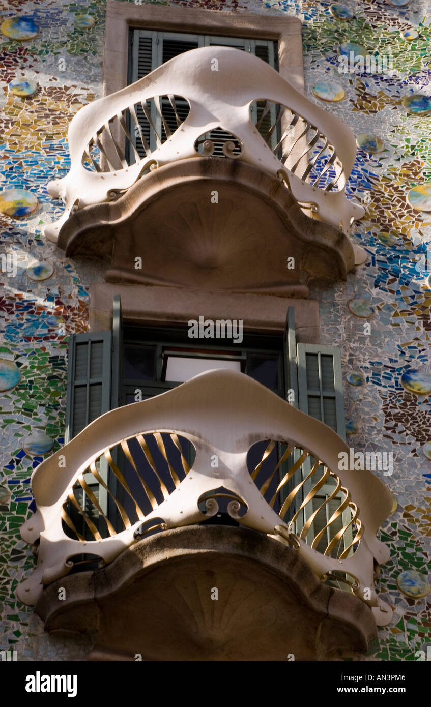 Detail of the mask shaped balconies in the Casa Batllo of Gaudi of ...