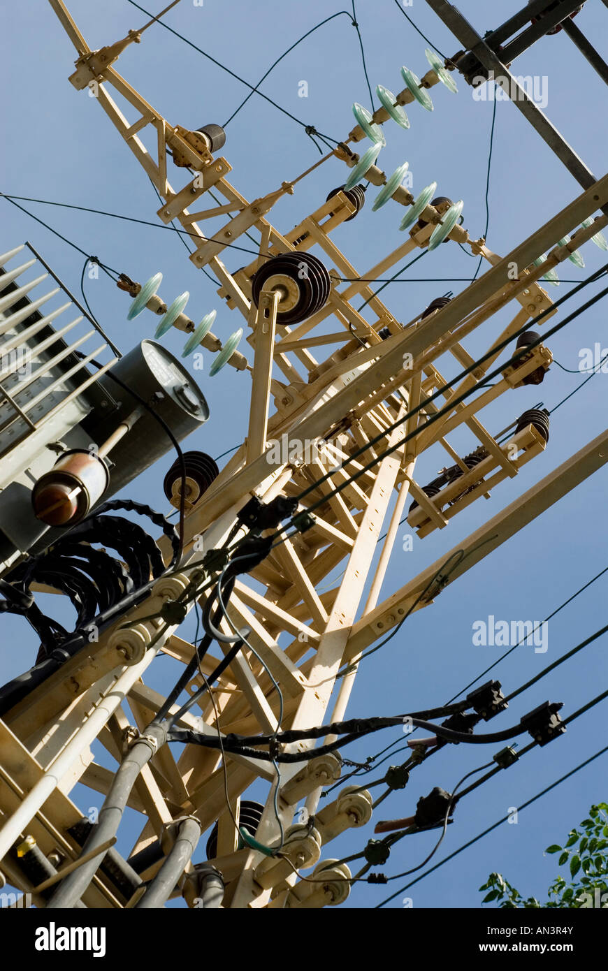 High voltage power lines and a transformer Stock Photo - Alamy