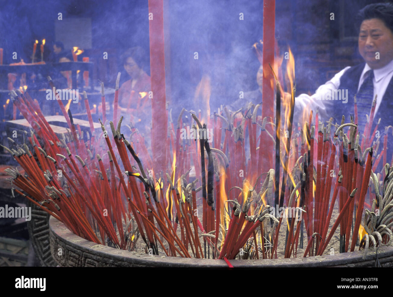 Burning cauldron of incense at buddhist temple in Chengdu China Stock ...