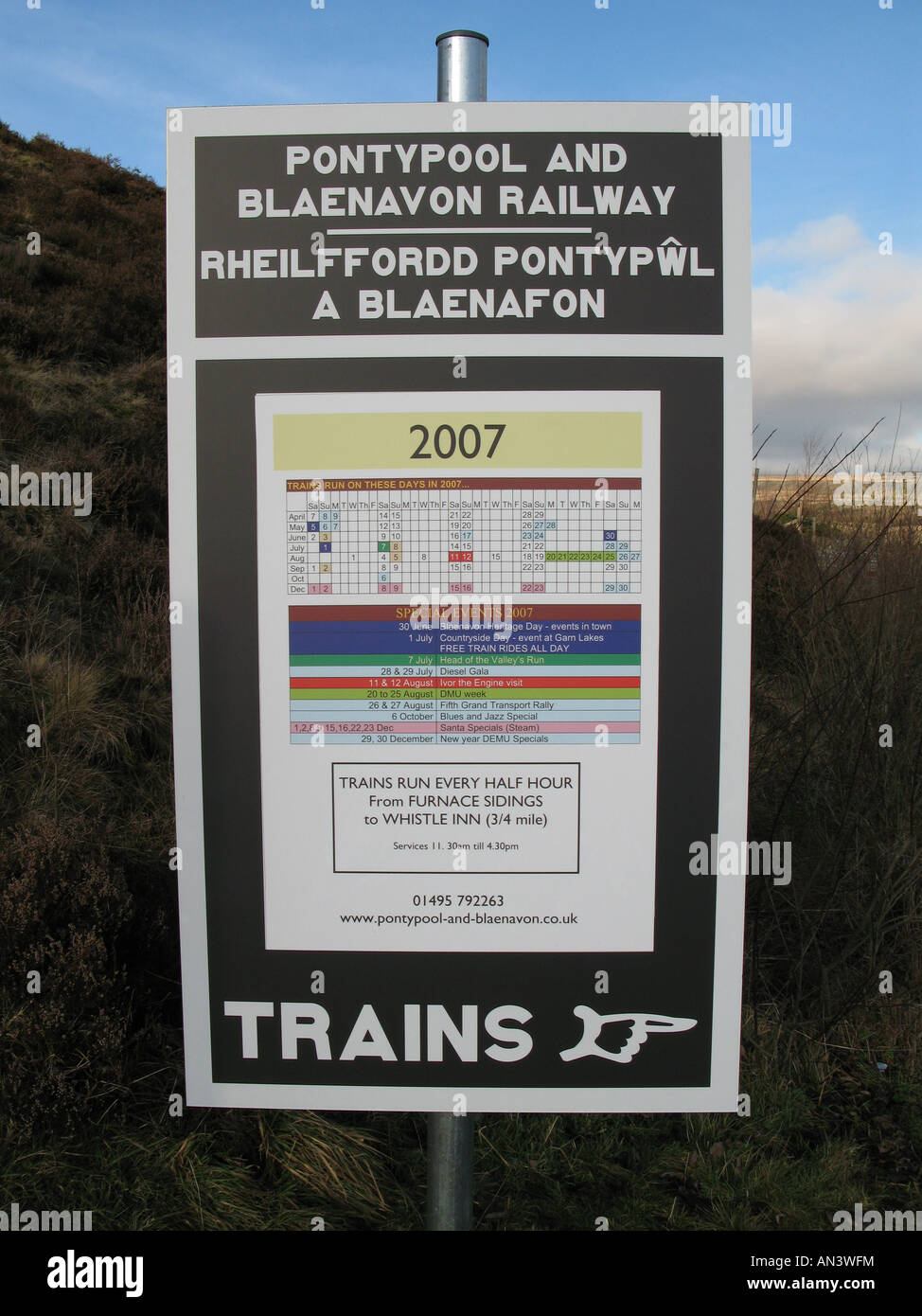 A train sign displaying the timetable for the Blaenavon & Pontypool ...