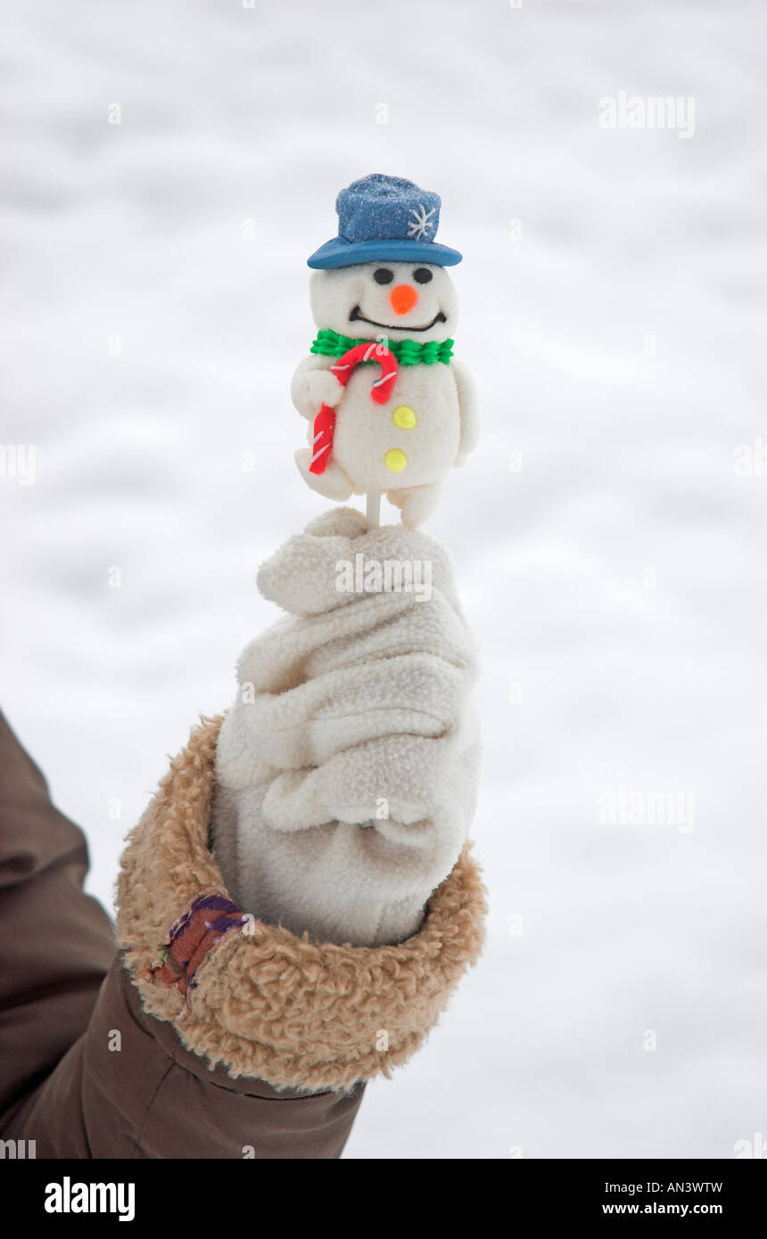 Gloved hand holding marshmallow snowman Stock Photo - Alamy