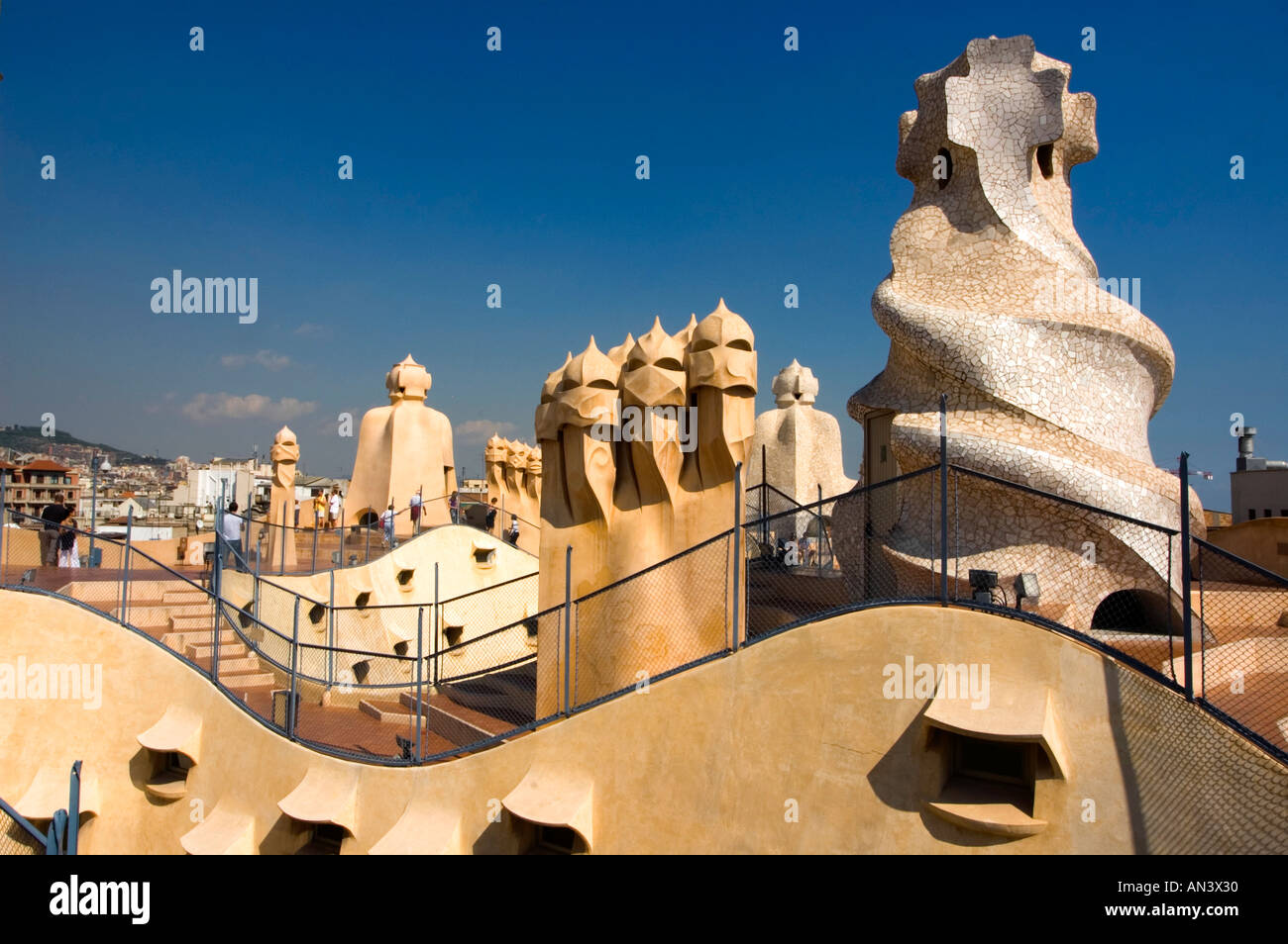 Chimneys on rooftop of La Pedrera designed by architect Antoni Gaudi ...
