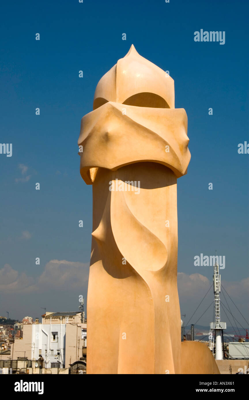 Chimneys on rooftop of La Pedrera designed by architect Antoni Gaudi ...