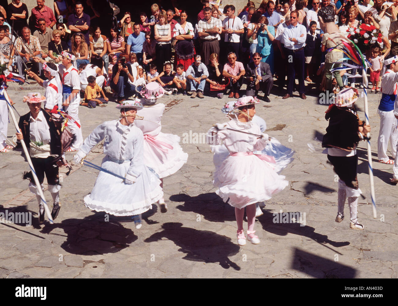 Spain Huesca Fiestas of Graus traditional dance on Plaza Mayor Stock ...