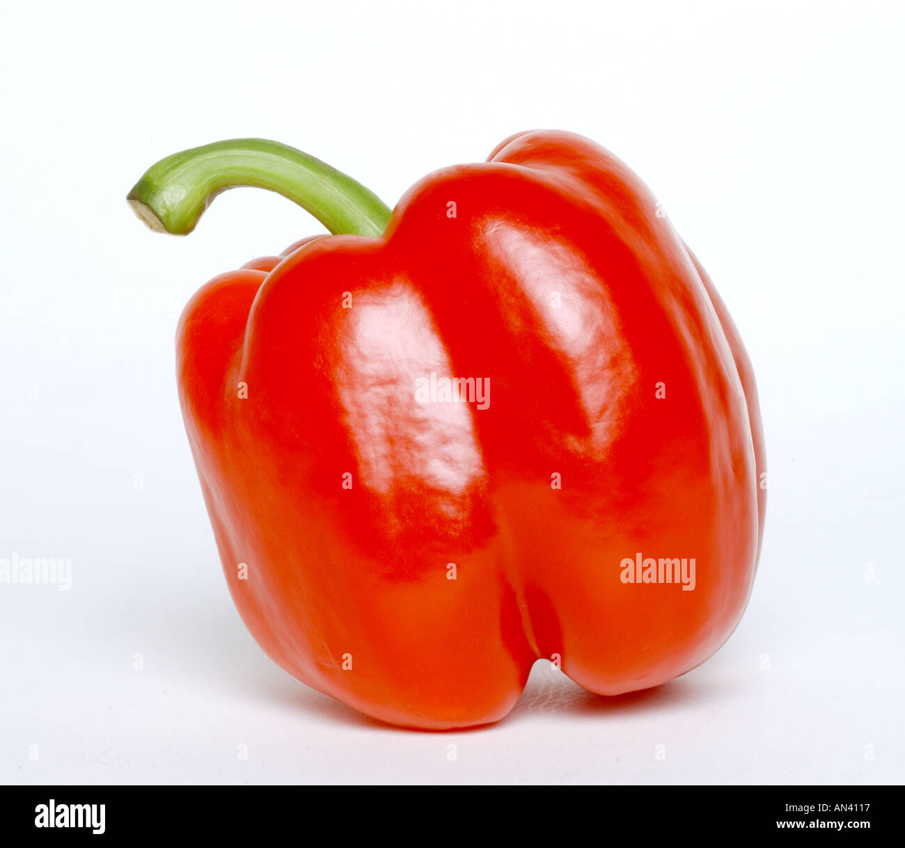 Square color image of a red bell pepper sitting on a plain white ...