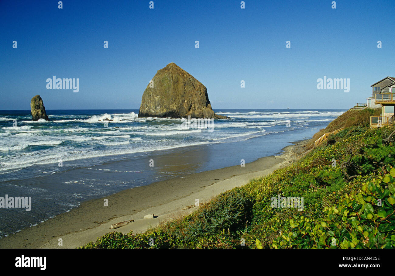 Oregon Cannon Beach Haystack Rock private homes overlooking beach Stock ...