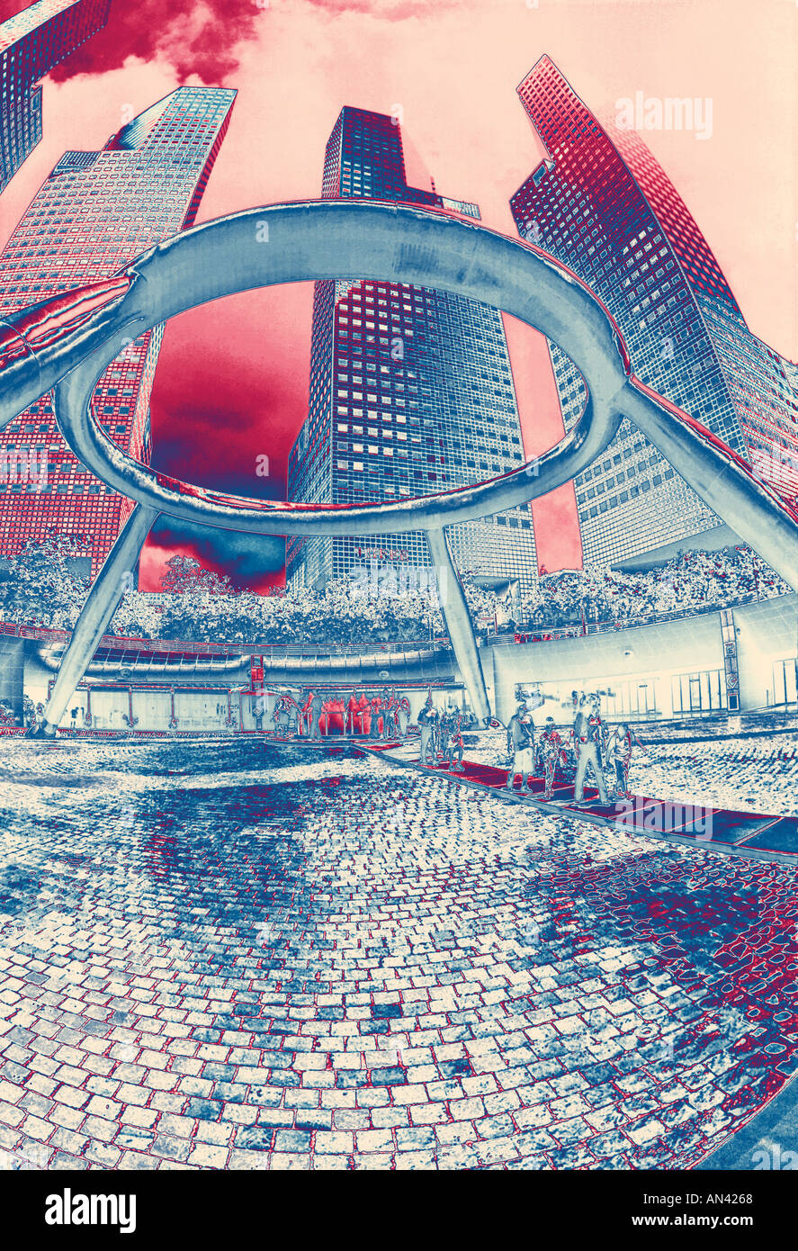 Abstract rendition of tall buildings and fountain structure Singapore ...