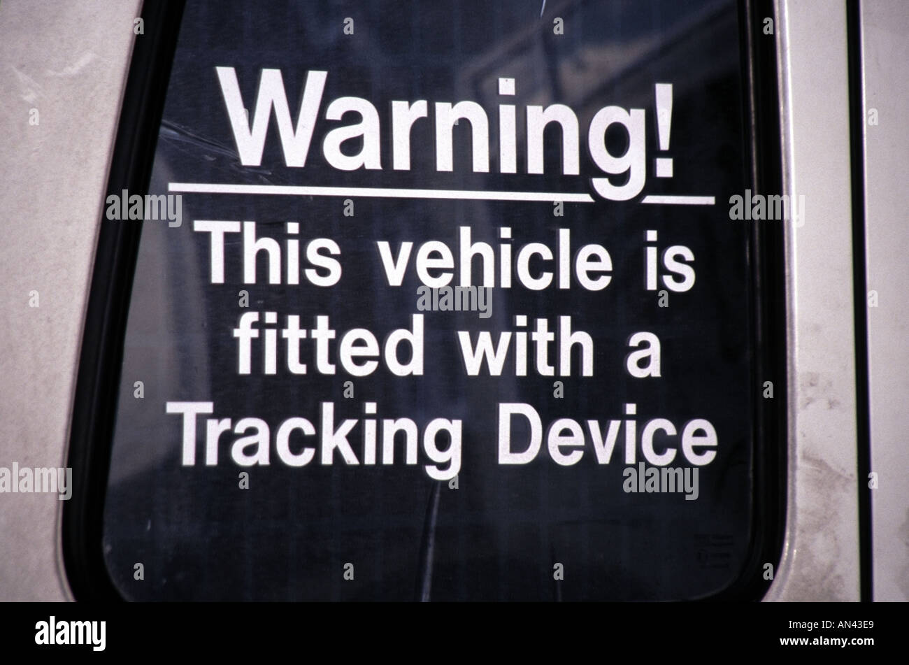 Rear van window displaying notice warning potential thieves that the ...