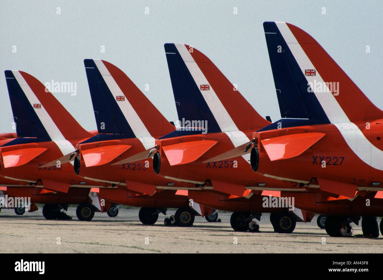Red Arrows RAF aerobatics flying teams jet engine Hawk aircraft lined ...