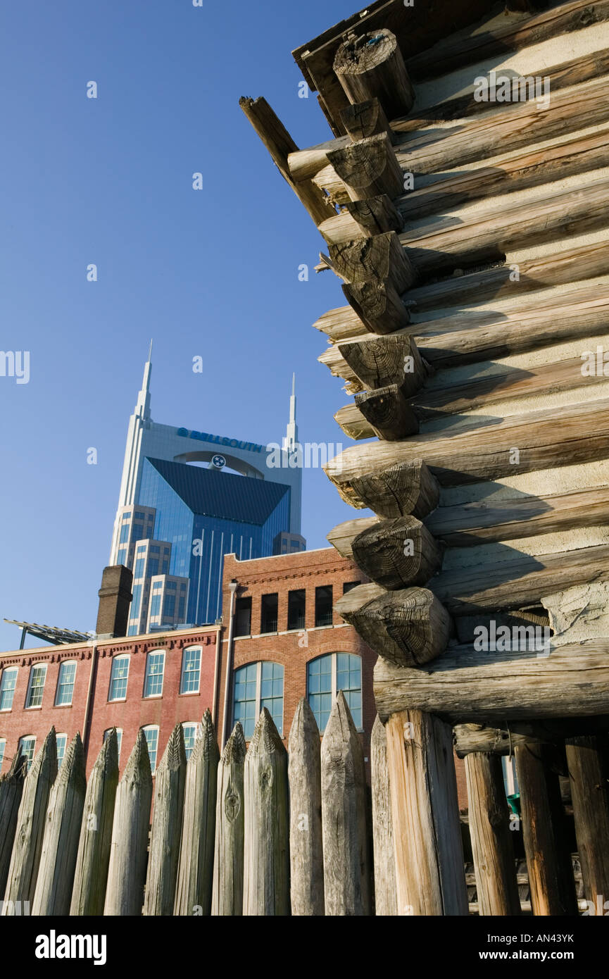 USA, Tennessee, Nashville: Bell South Tower framed by Fort Nashborough ...